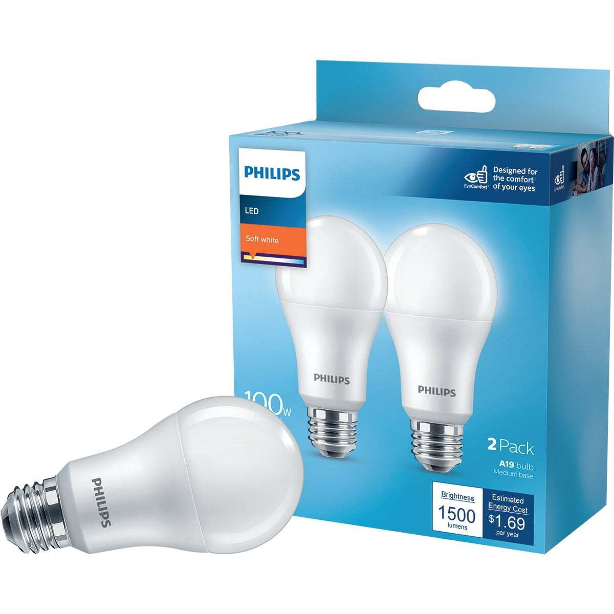 Philips, LED Light Bulb, 100W Equivalent, Soft White A19 2-Pack ...