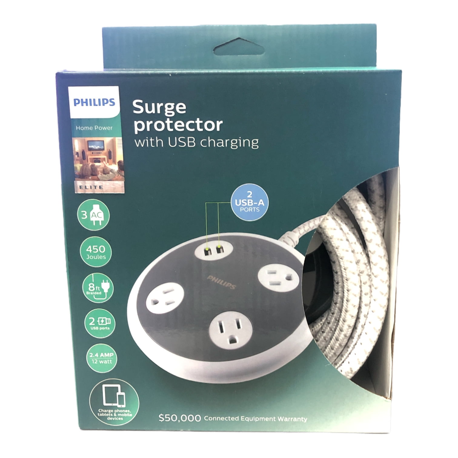Philips 3-Outlet Surge Protector Orb with 2 USB, 8' Cord, 2.4Amp 12 ...