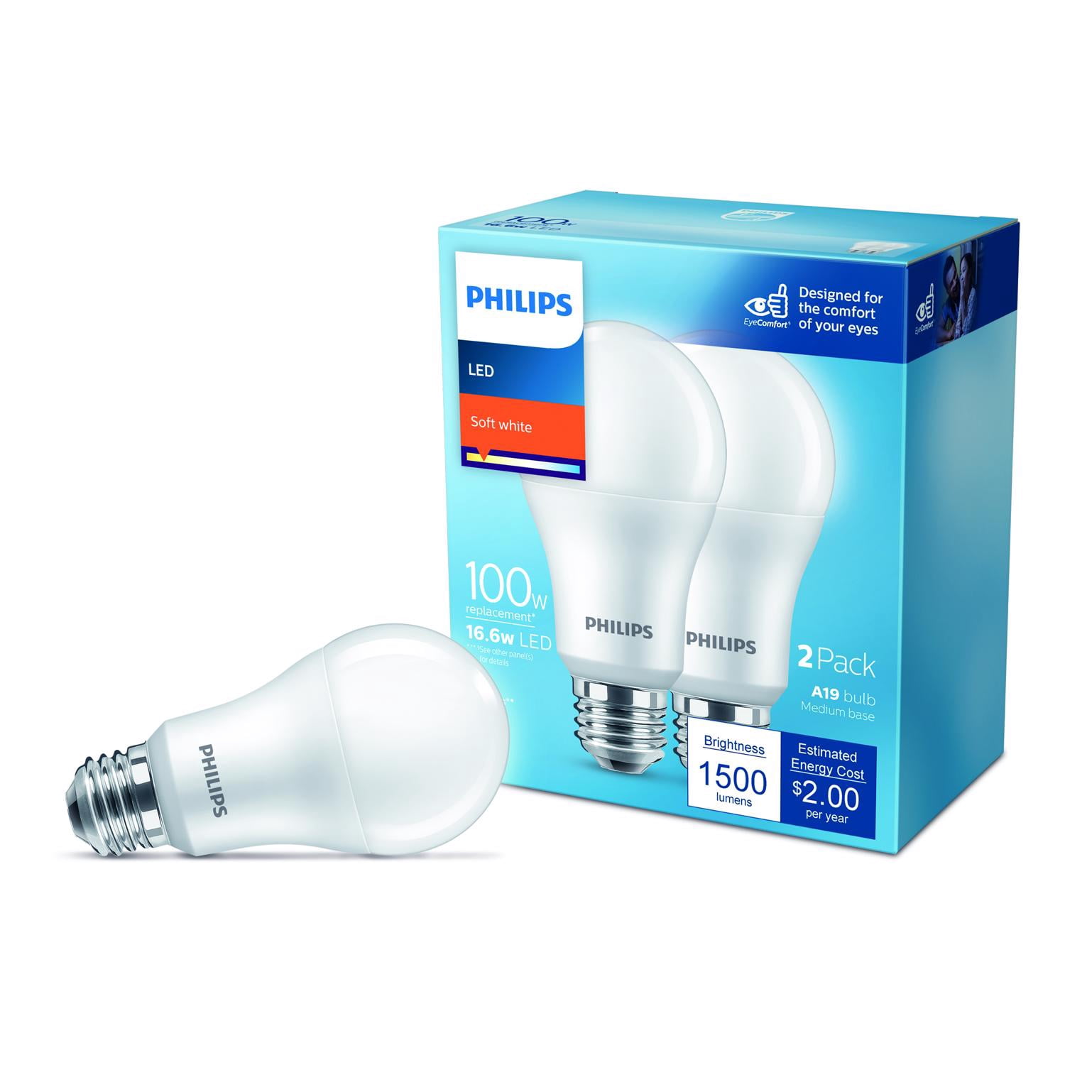 Philips A19 E26 (Medium) LED Bulb Soft White 100 Watt Equivalence 2 pk ...