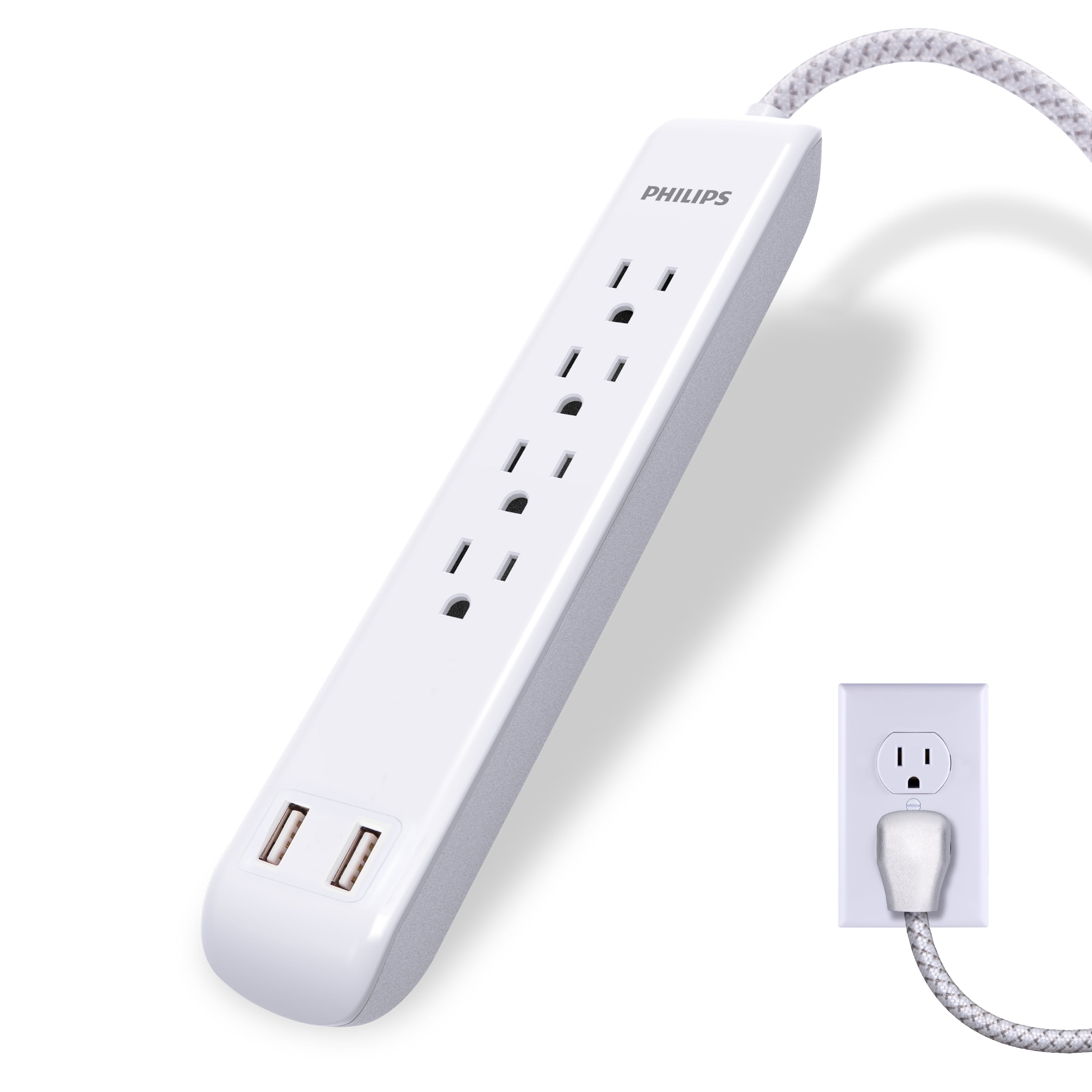 Philips 4-Outlet Surge Protector, 2 USB Ports, 4 ft Braided Extension ...