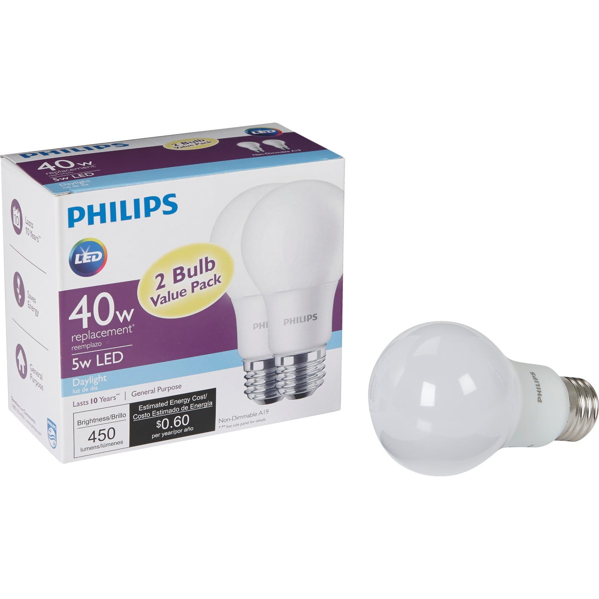 Philips 40W Equivalent Daylight A19 Medium LED Light Bulb (2-Pack ...