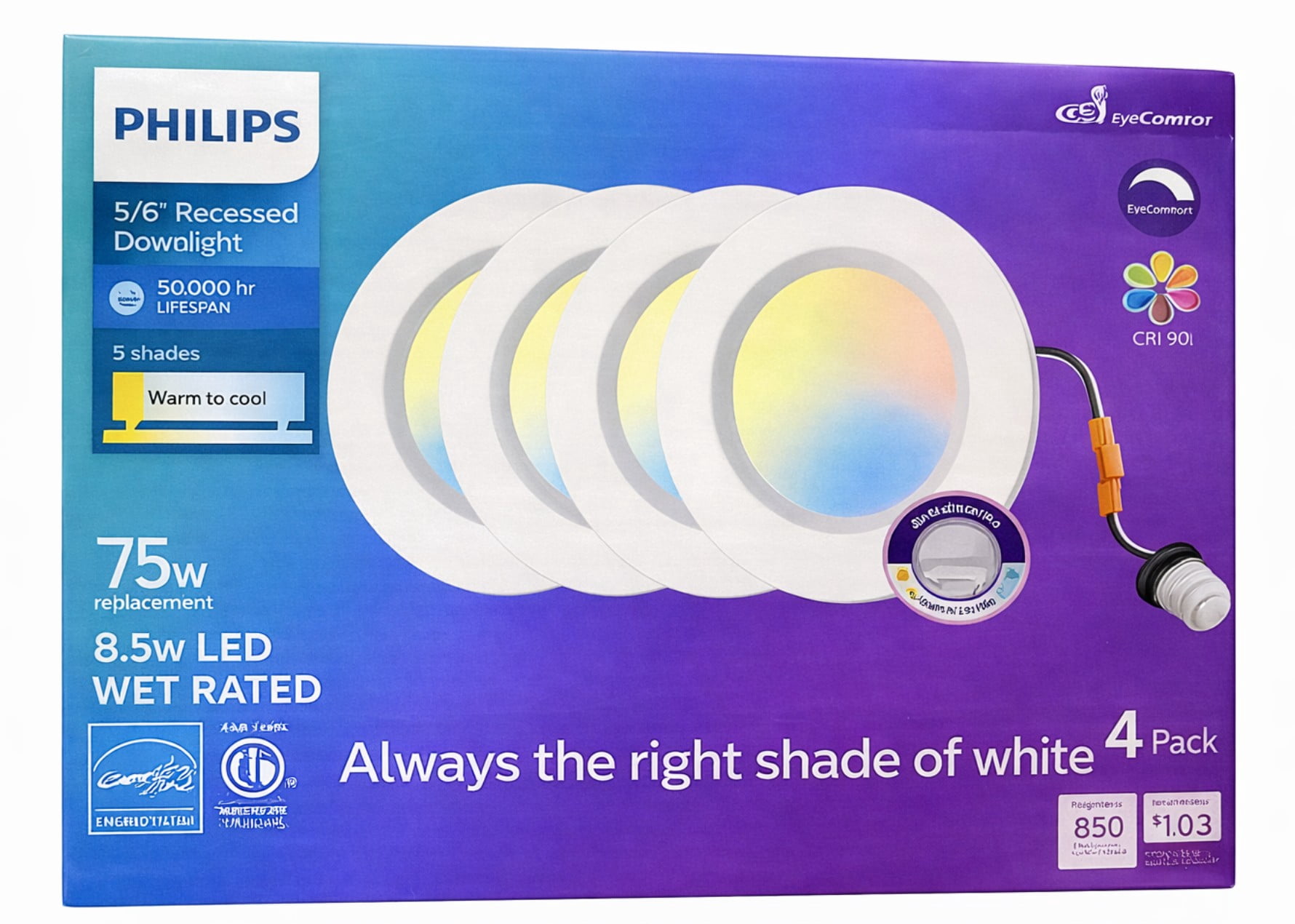 Philips 5/6" LED Recessed 4-Pack – Adjustable White (2700K–5000K), 75W ...