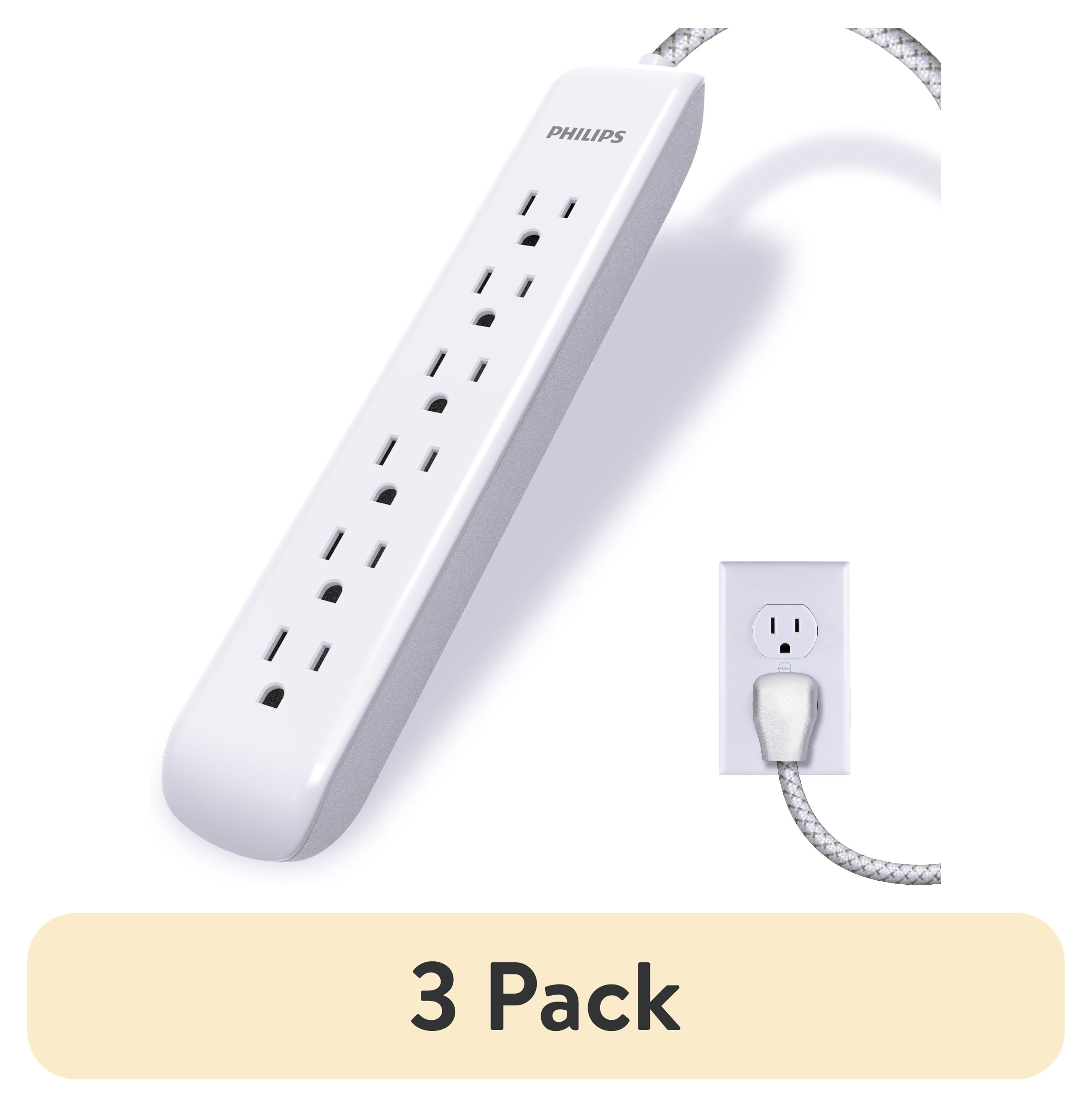 (3 pack) Philips 6-Outlet Surge Protector, 10ft Braided Cord, 1080J ...
