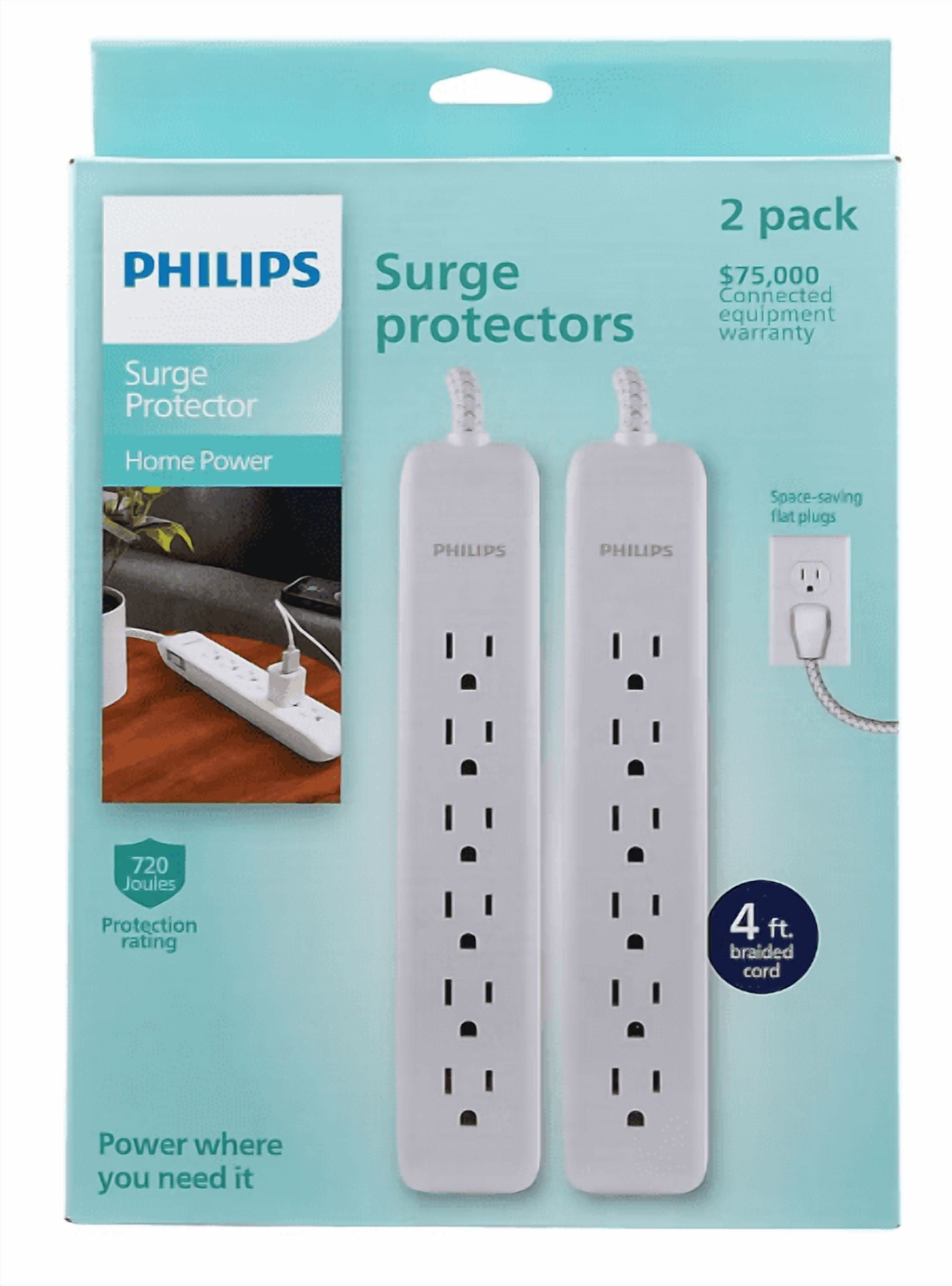Philips 6-Outlet Surge Protector, 2 pk. - White - Walmart.com