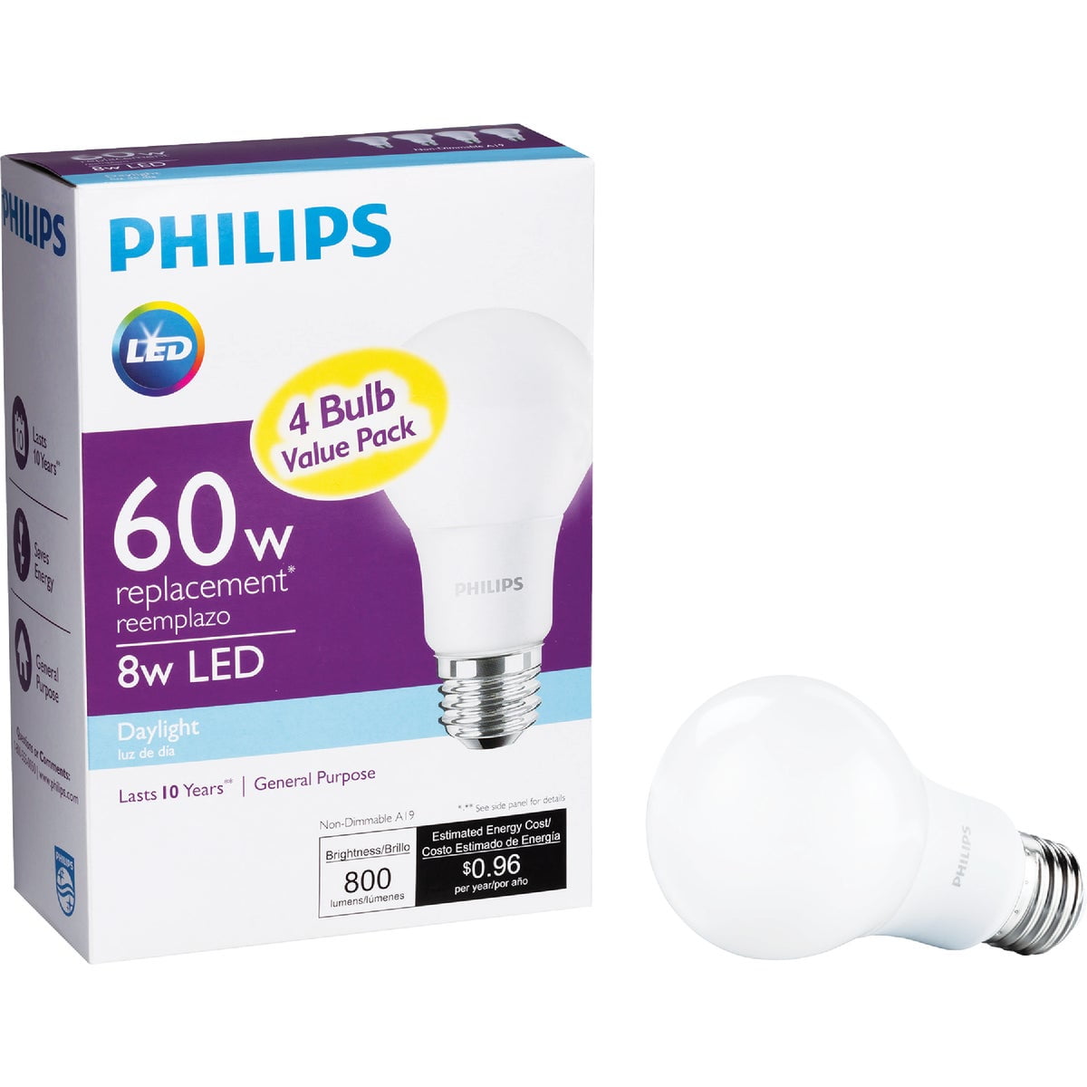 Philips LED A19 Medium Base Bulb, 60W Incandescent Equivalent, Daylight ...
