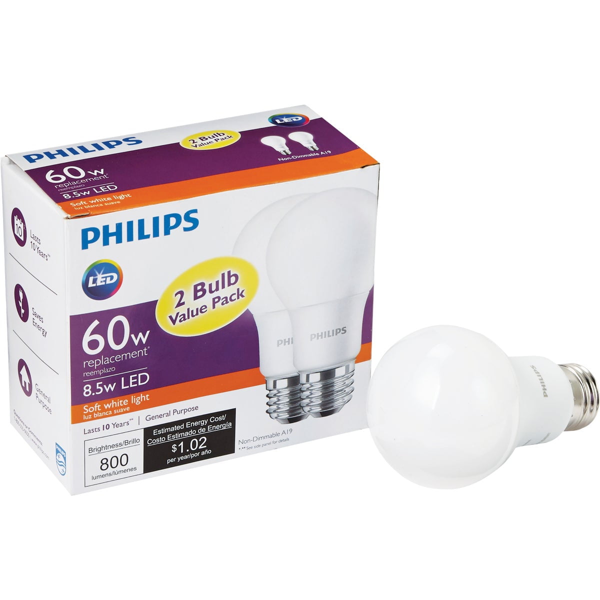 Philips Indoor 60W Equivalent Soft White A19 Medium LED Light Bulb (2 ...