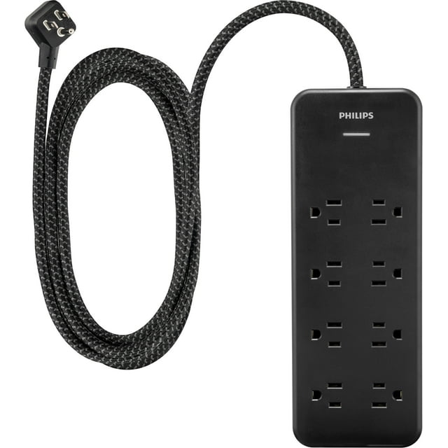 Philips 8-Outlet Surge Protector, 8ft Braided Cord, 15A, Black ...