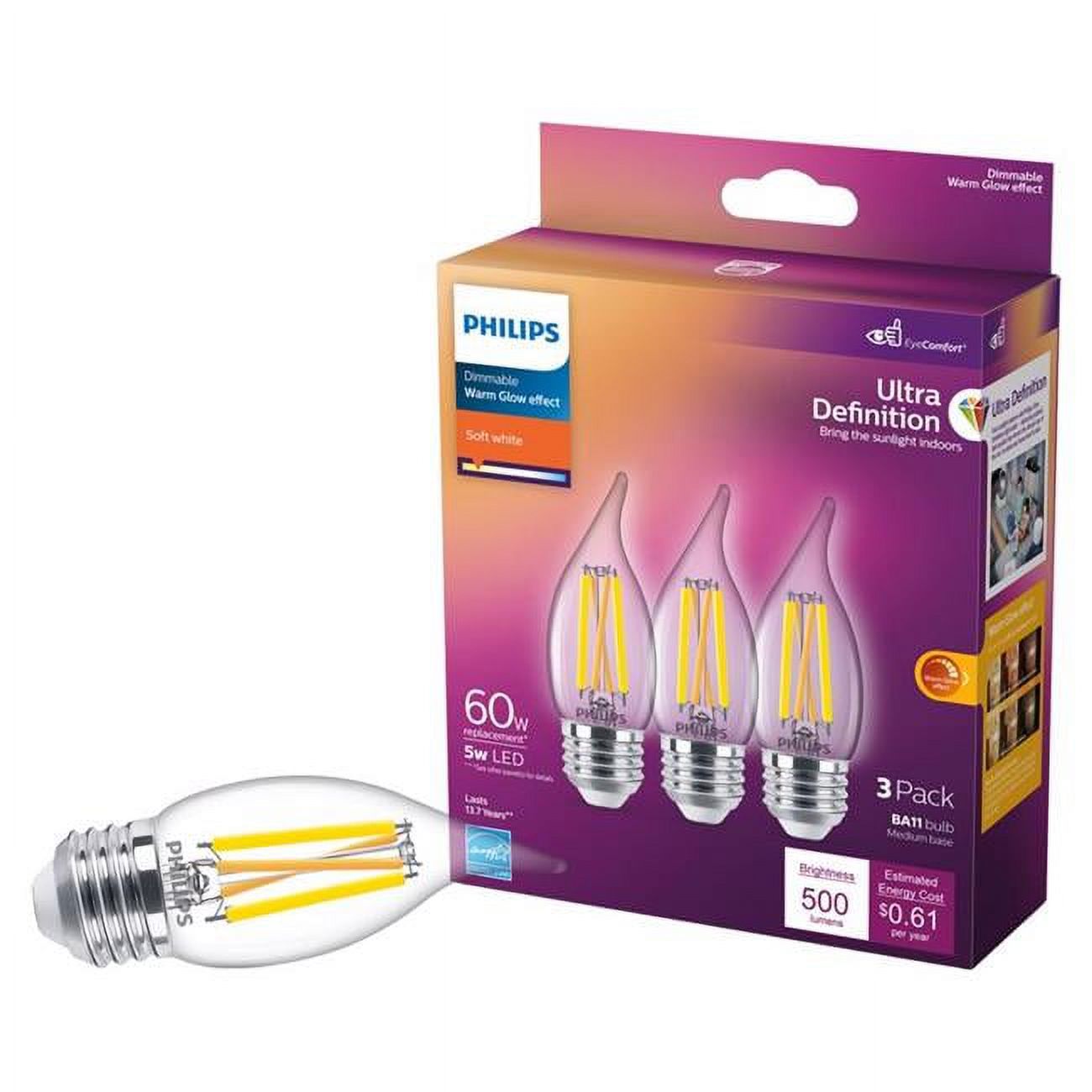 Philips 3pk 60w Ba11 Wg Led Bulb 566695 - Walmart.com