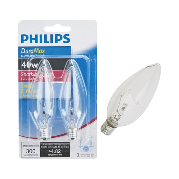 2Pk - Philips 40w 120v B10.5 Candelabra DuraMax Decorative Light Bulb ...