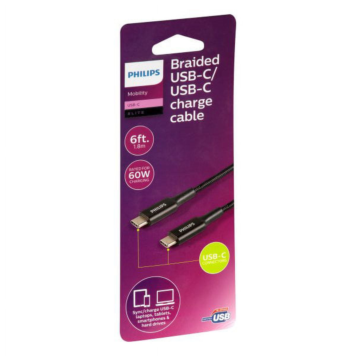 Philips Elite USB-C Cable, 6ft, Braided Cord, Black, DLC6201C/37 ...