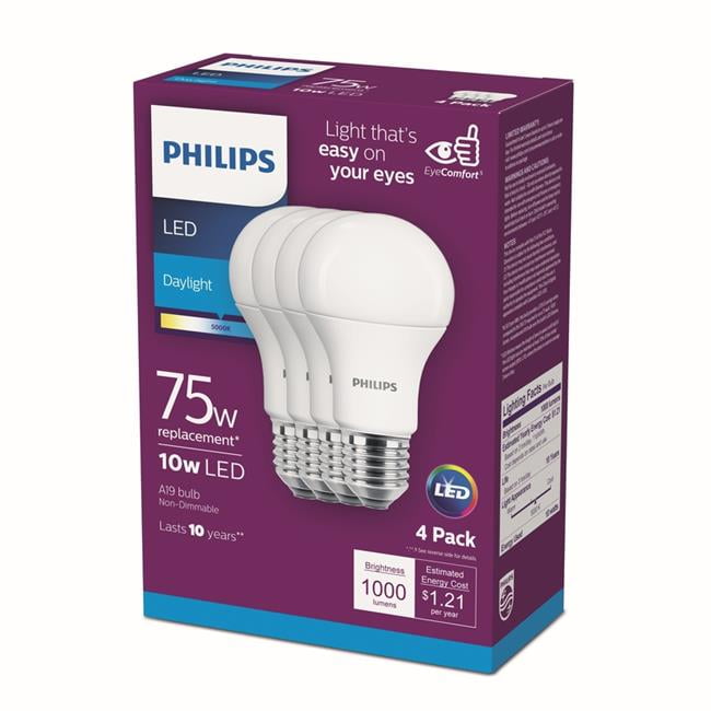 Philips EyeComfort 75W Equivalent Daylight A19 Medium LED Light Bulb (4 ...