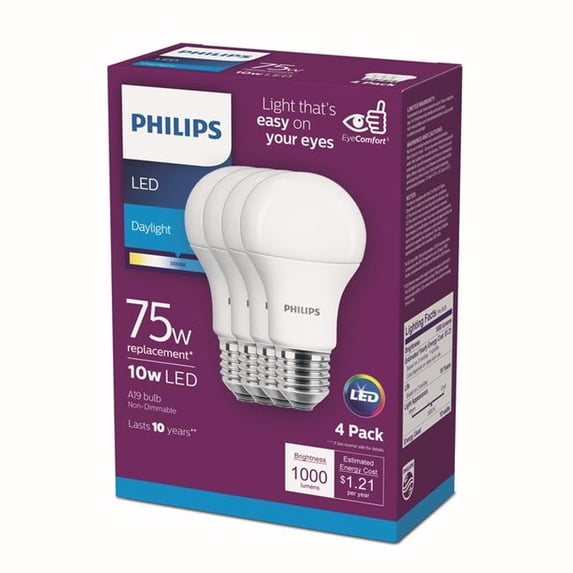 Philips EyeComfort 75W Equivalent Daylight A19 Medium LED Light Bulb (4 ...