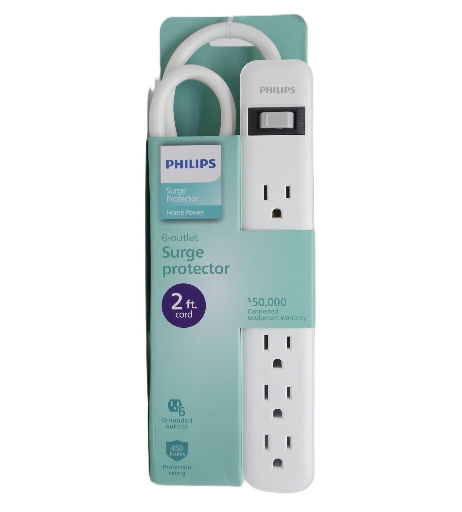 Philips Home Power 6-Outlet AC Surge Protector with 2ft Extension Cord ...