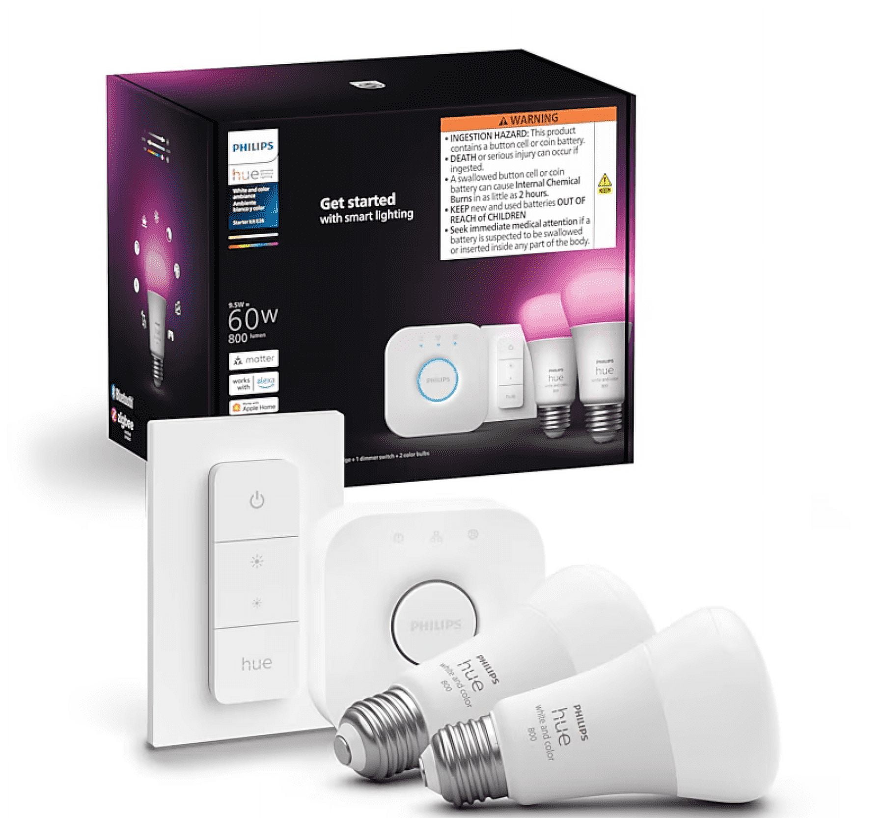 Philips Hue Smart Light Starter Kit - Includes (1) Bridge, (1) Dimmer Switch and (2) 60W A19 LED ...