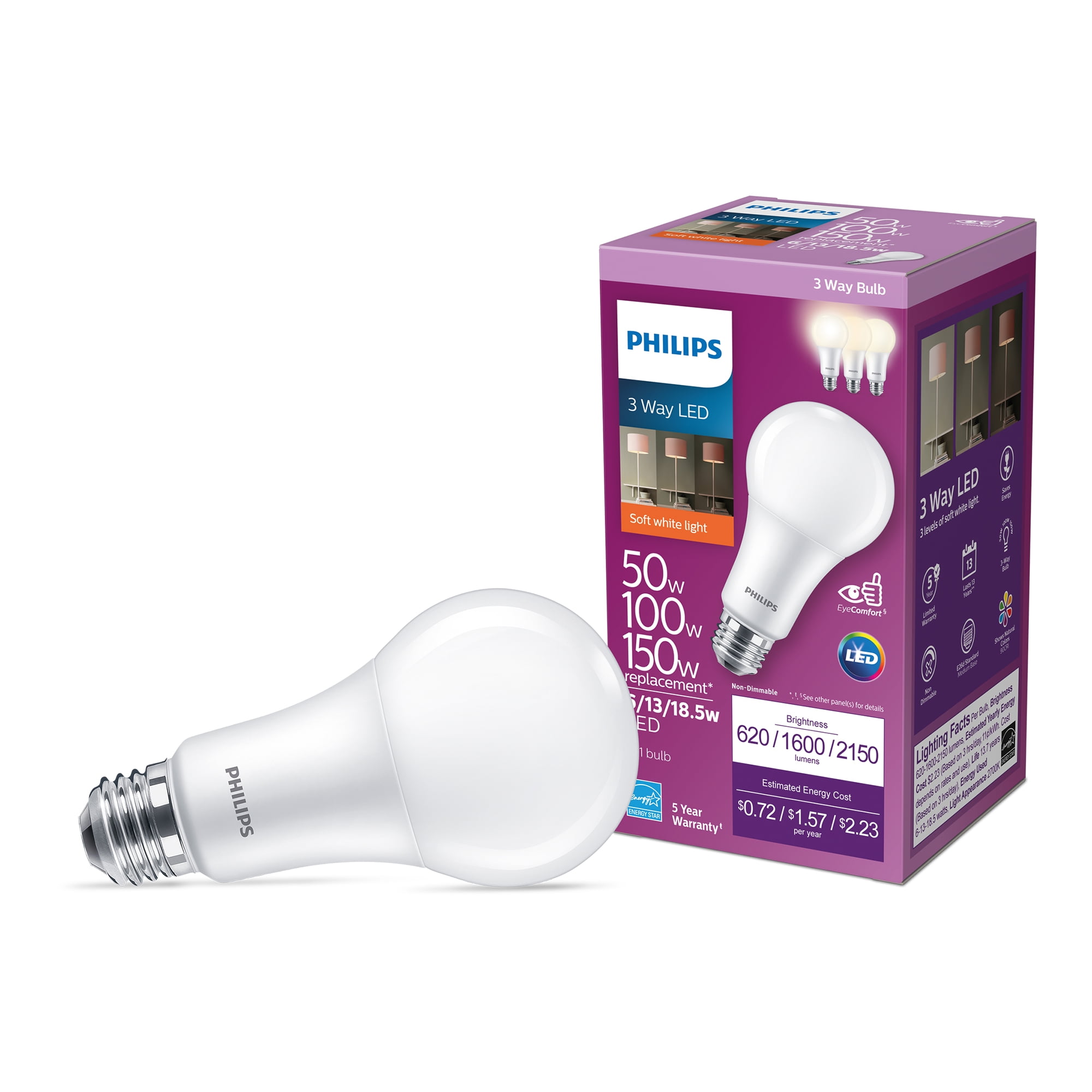 Philips Warm Light Bulbs, LED 150-100-50 Watt A21, Non-Dimmable, E26 ...