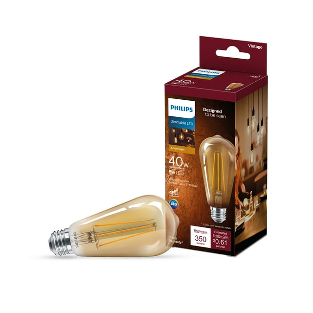 Philips LED 40-Watt ST19 Straight Tubular Light Bulb, Amber, Dimmable ...