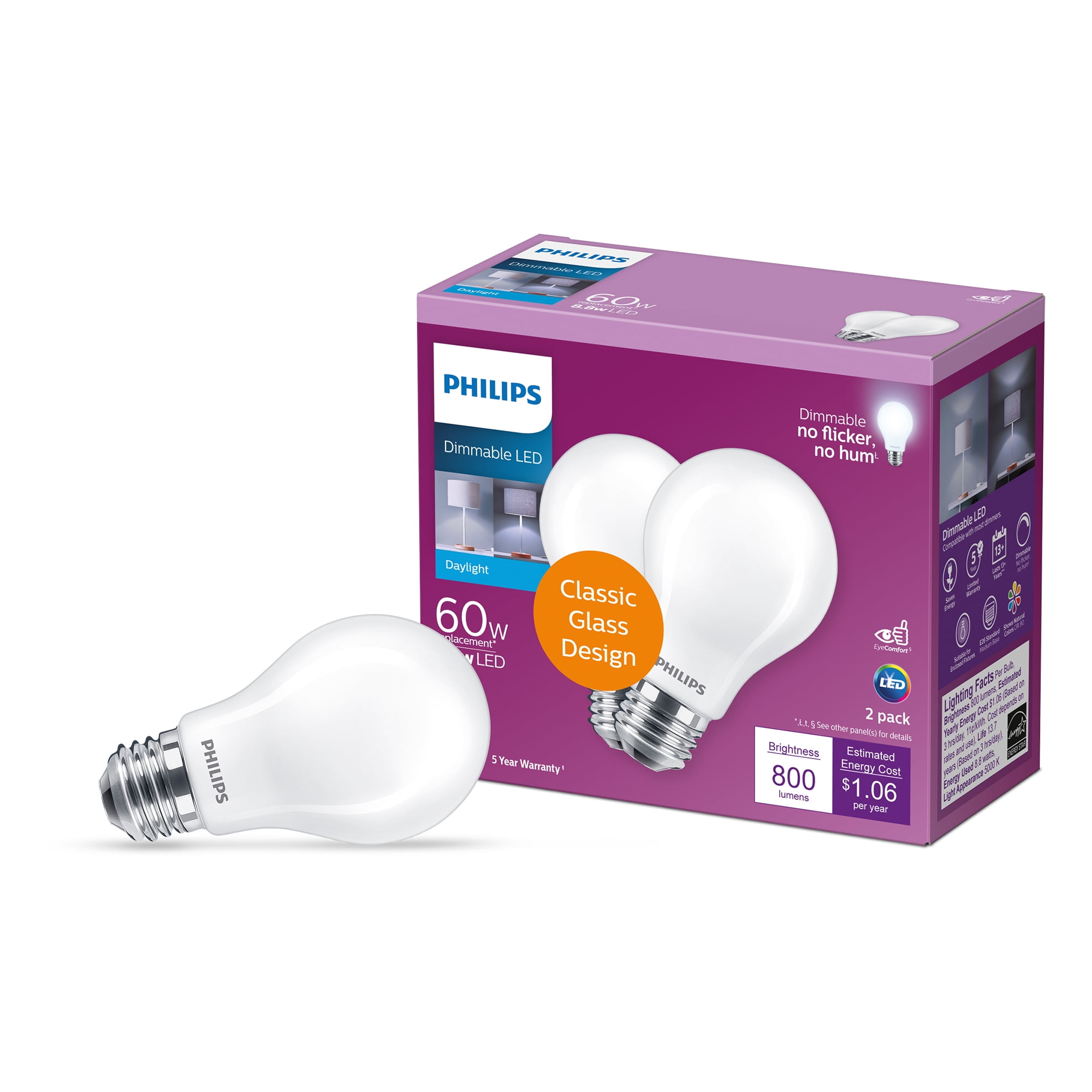Philips LED 60-Watt A19 General Purpose Light Bulb, Frosted Daylight ...