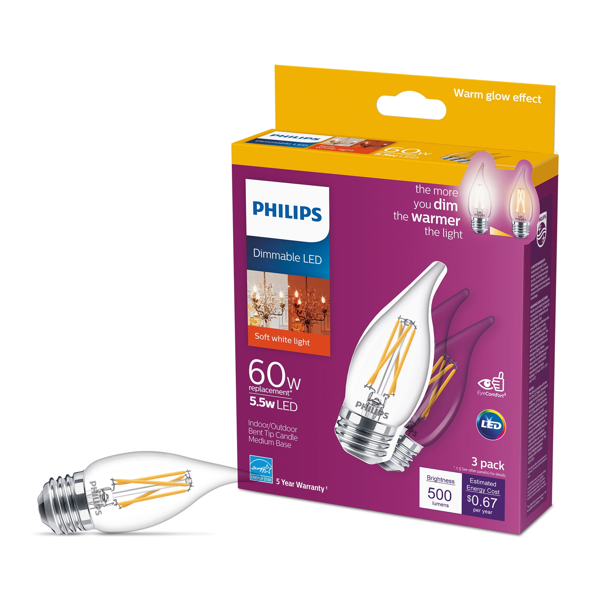Philips LED 60-Watt BA11 Candle Light Bulb, Clear Soft White Warm Glow ...