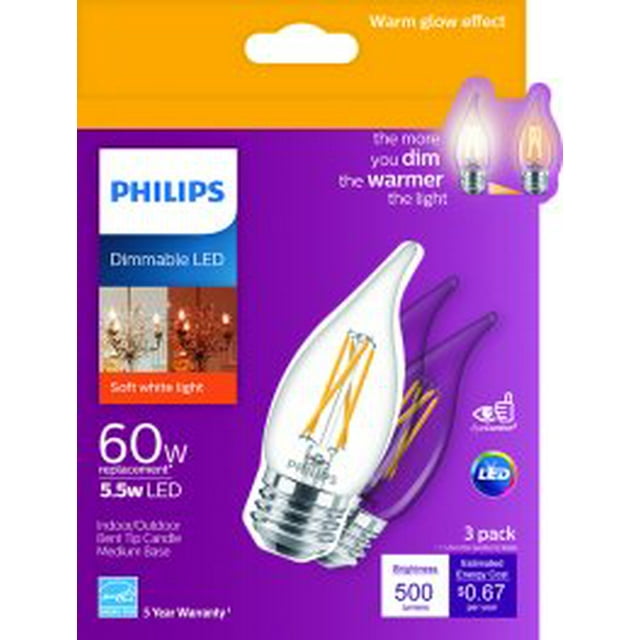 Philips LED 60-Watt BA11 Candle Light Bulb, Clear Soft White Warm Glow, Dimmable, E26 Base (3 ...