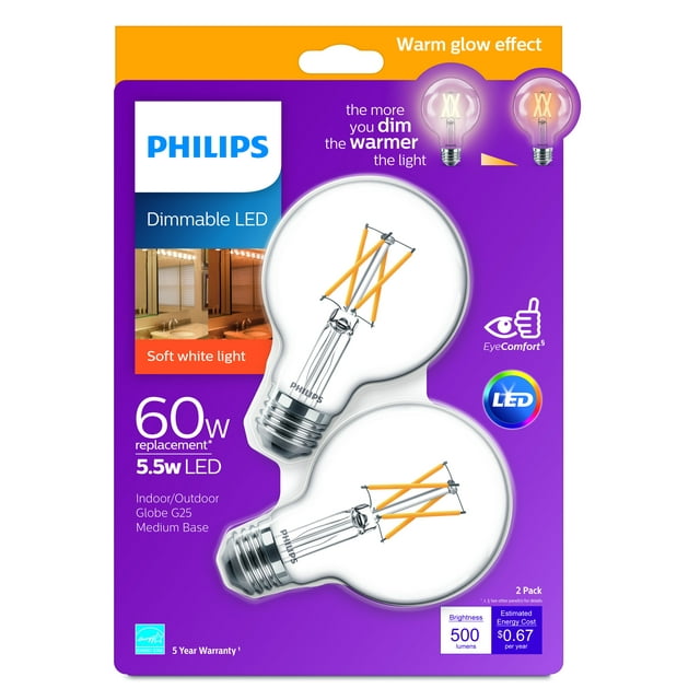 Philips LED 60-Watt G25 Globe Light Bulb, Clear Soft White Warm Glow ...
