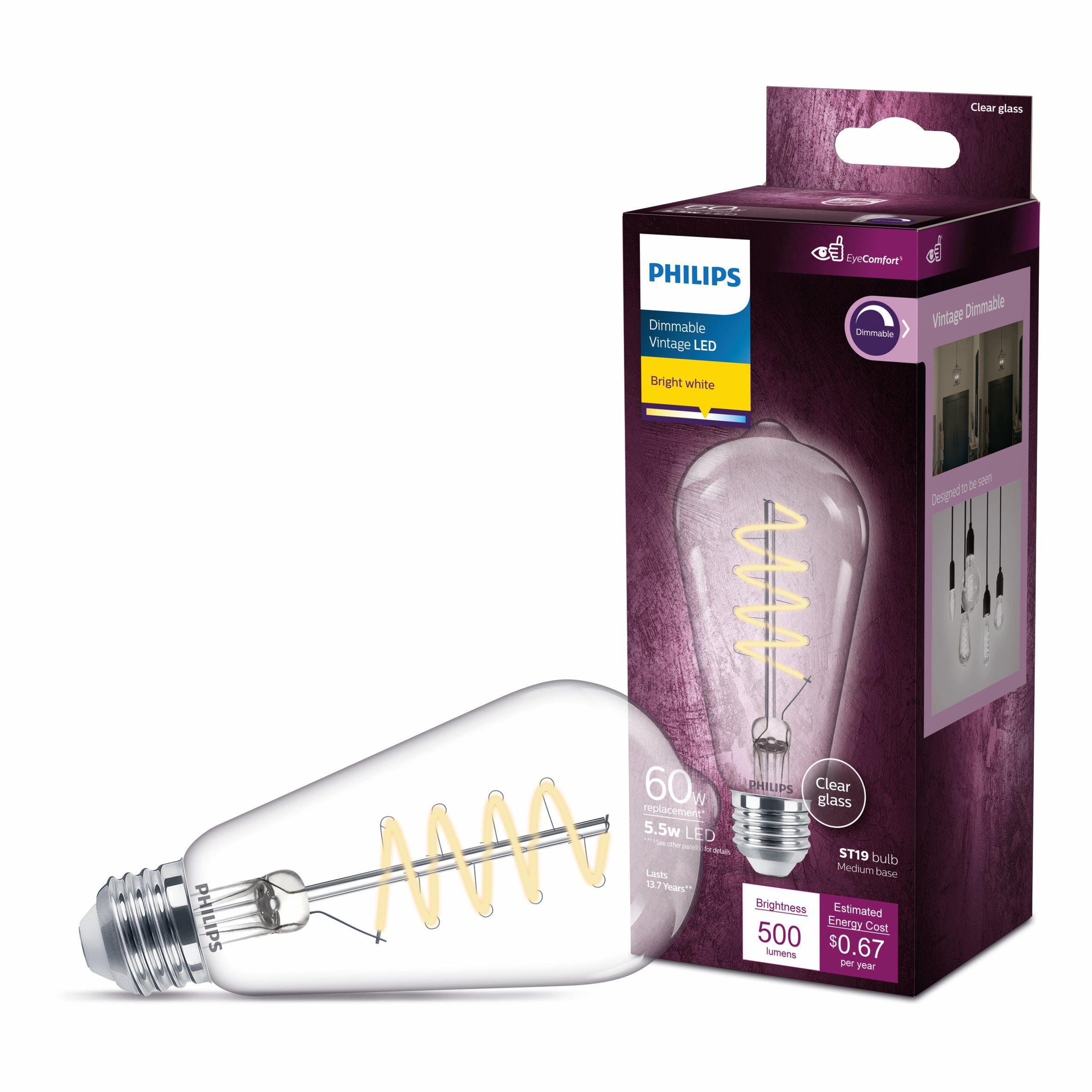 Philips LED 60-Watt ST19 Straight Tubular Filament Lightbulb, Clear Bright White, Dimmable, E26 ...