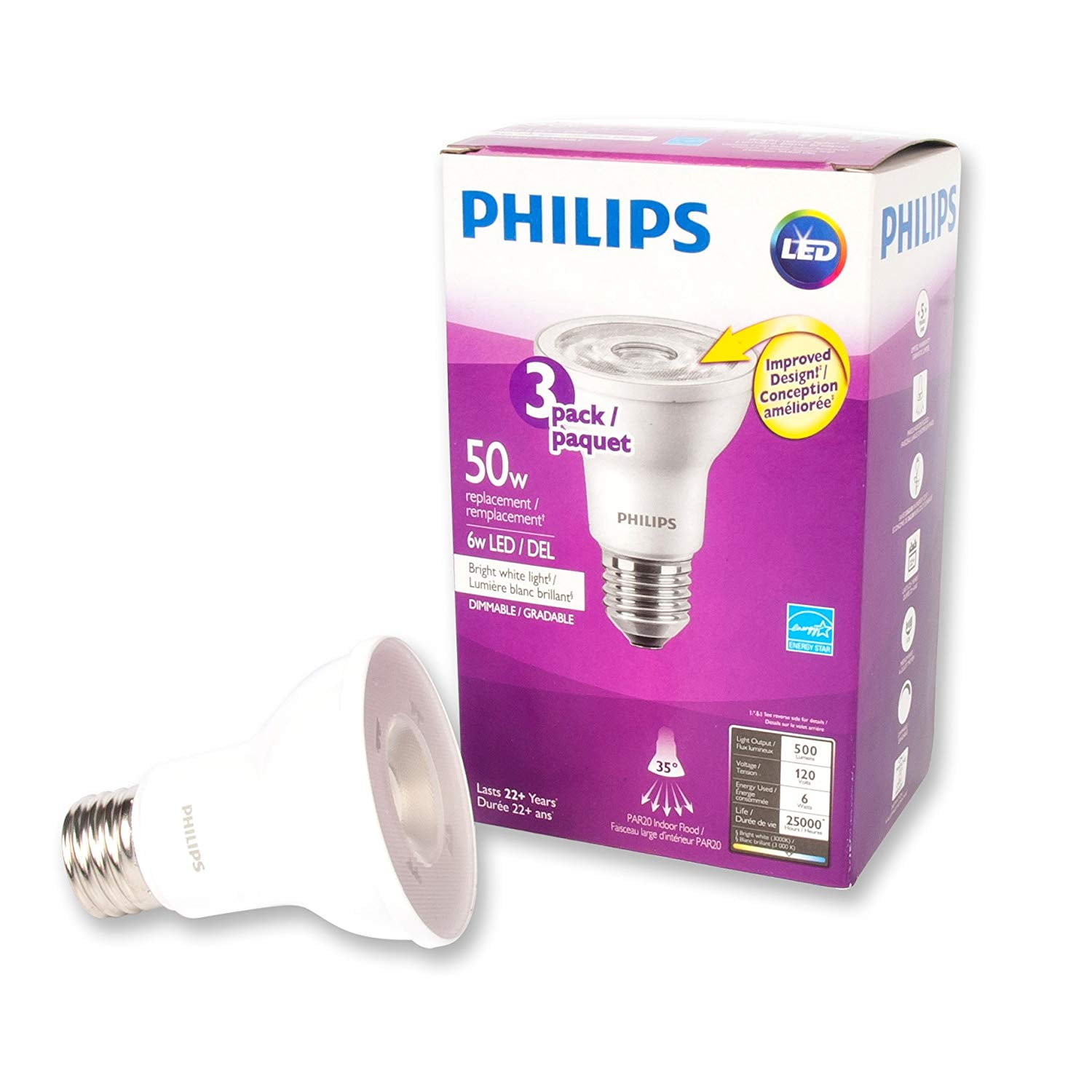 Philips LED 6W (50W Equiv.) PAR20 Bright White Bulb, 3 Pack - Walmart.com