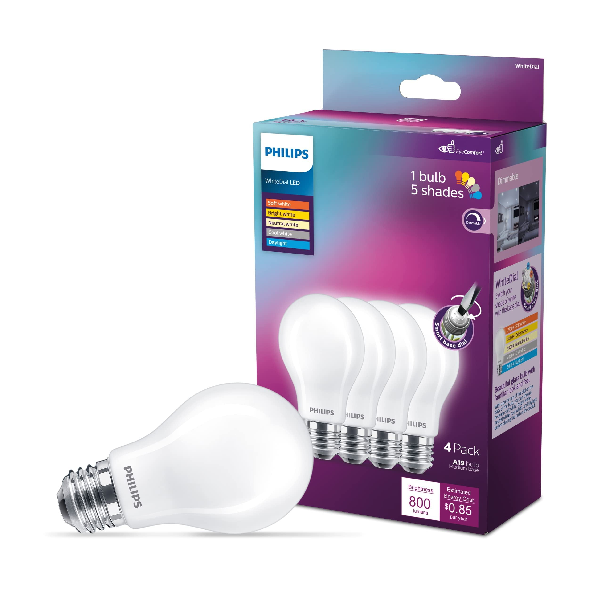 Philips LED White Dial Flicker-Free Frosted Dimmable A19 Light Bulb ...