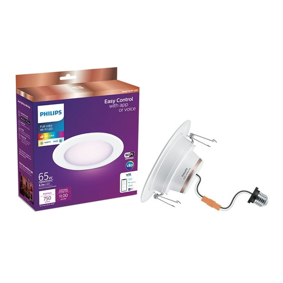 Philips Smart Wi-Fi LED 65-Watt Downlight, 5-6 inch Trim Size, Dimmable, Tunable White, Light ...
