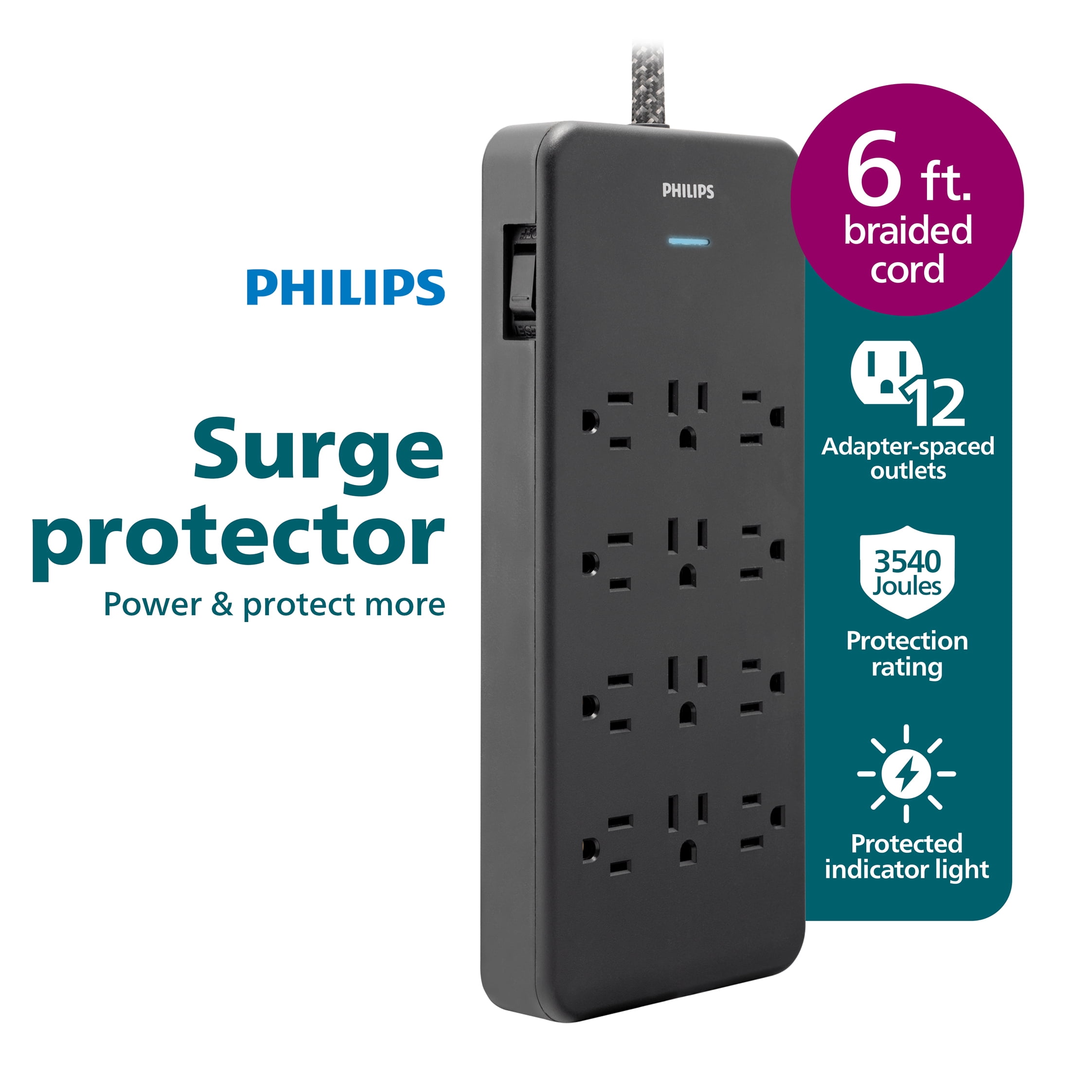 Philips Surge Protector, 12 Outlet, Adapter-Spaced, 3500J, Braided Cord ...