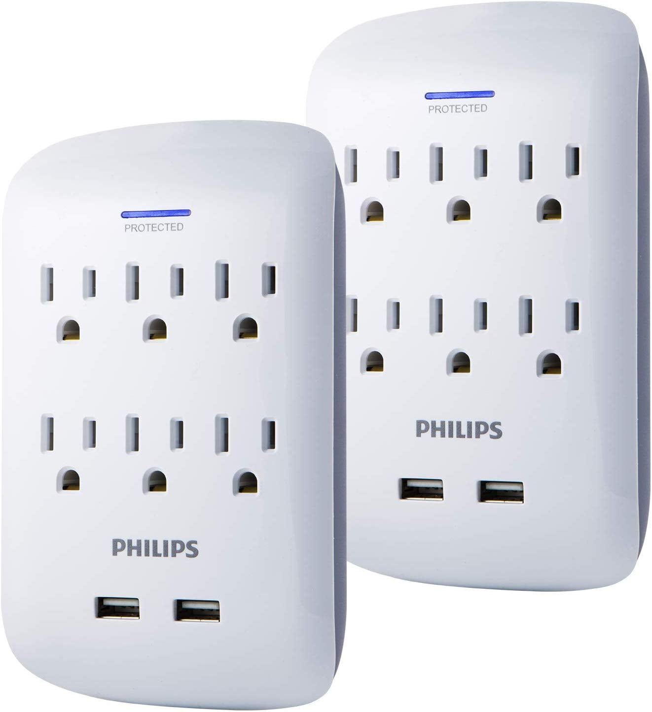 Philips Surge Protector with USB Charging, 2 Pack, 6 Outlet, 2 USB ...