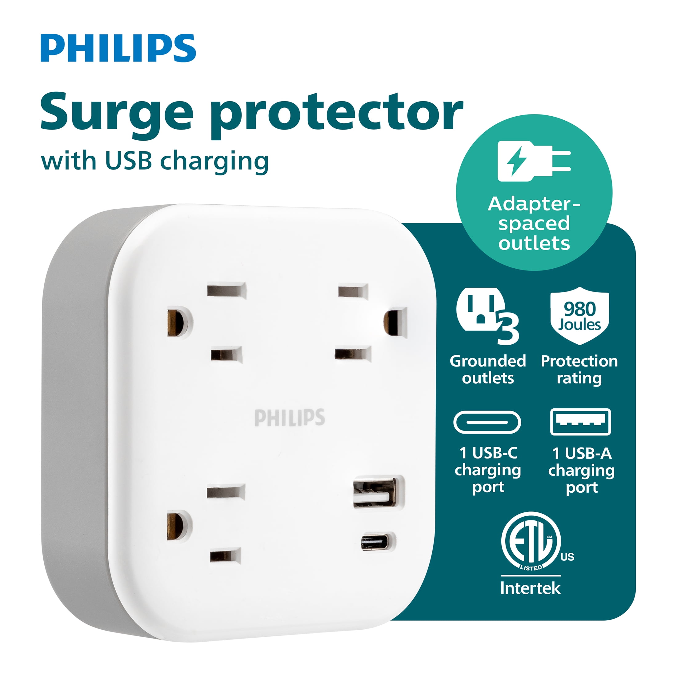 Philips Surge Tap, 3 Outlet, 1 USB-A, 1 USB-C, 12W, 980J, White ...