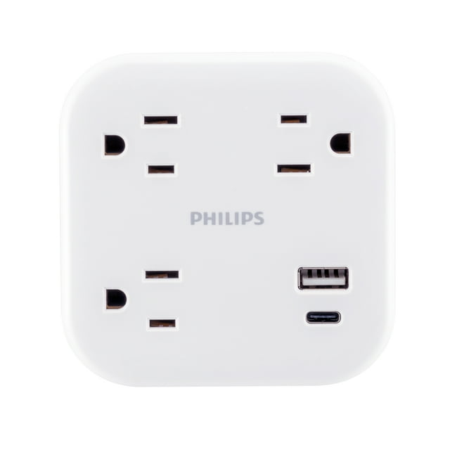 Philips Surge Tap, 3 Outlet, 1 USB-A, 1 USB-C, 12W, 980J, White ...