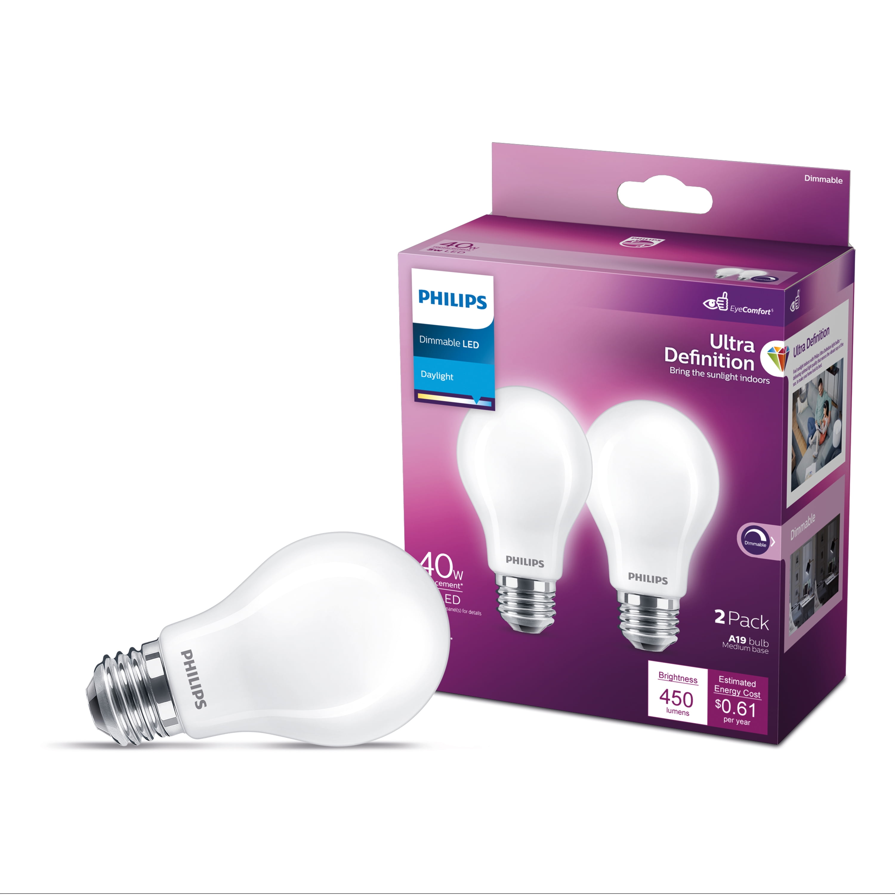 Philips Ultra Definition LED A19 Light Bulbs, 40W, Dimmable, Frosted ...