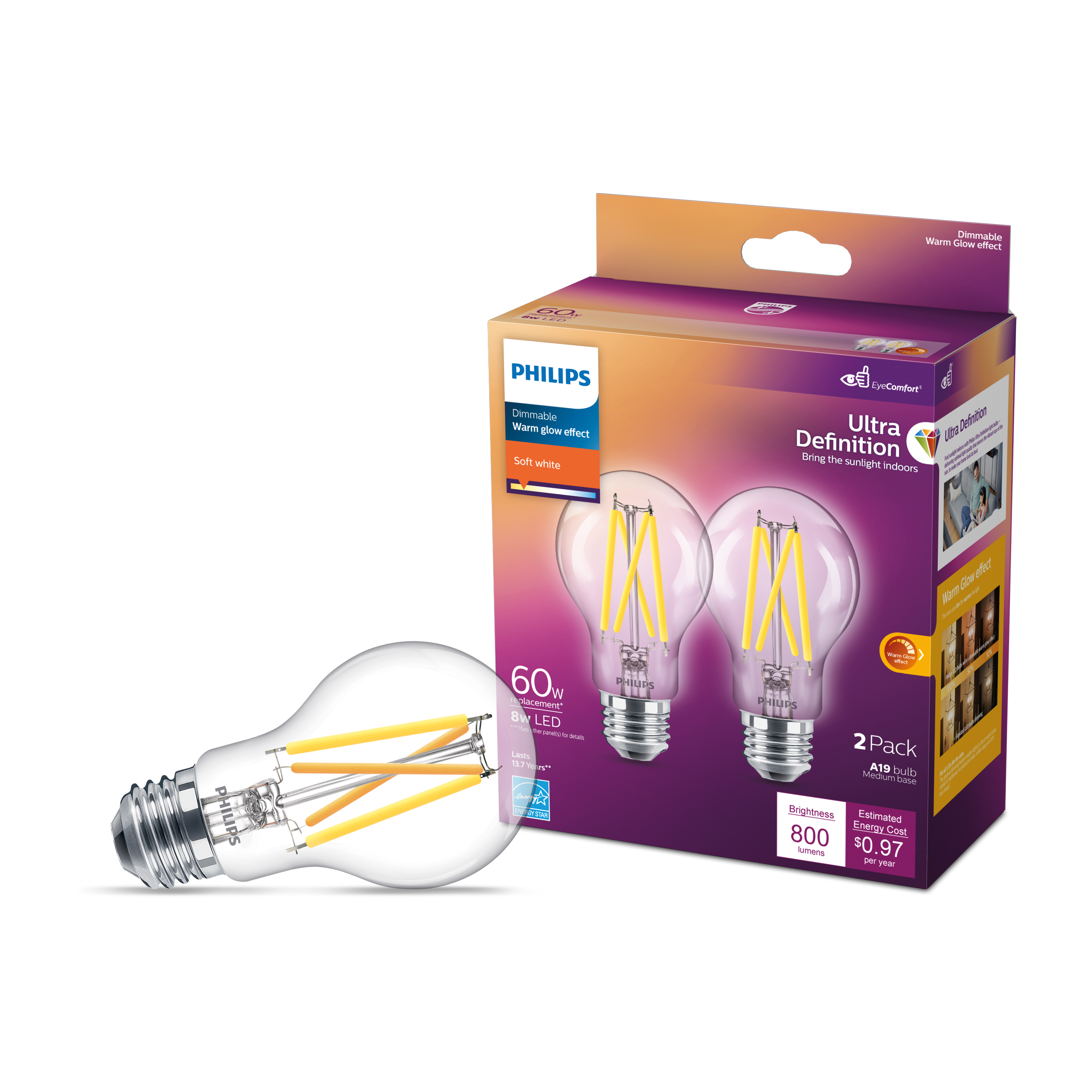 Philips LED Light Bulb, A19, Soft White, 40 WE, 2 Ct - Walmart.com