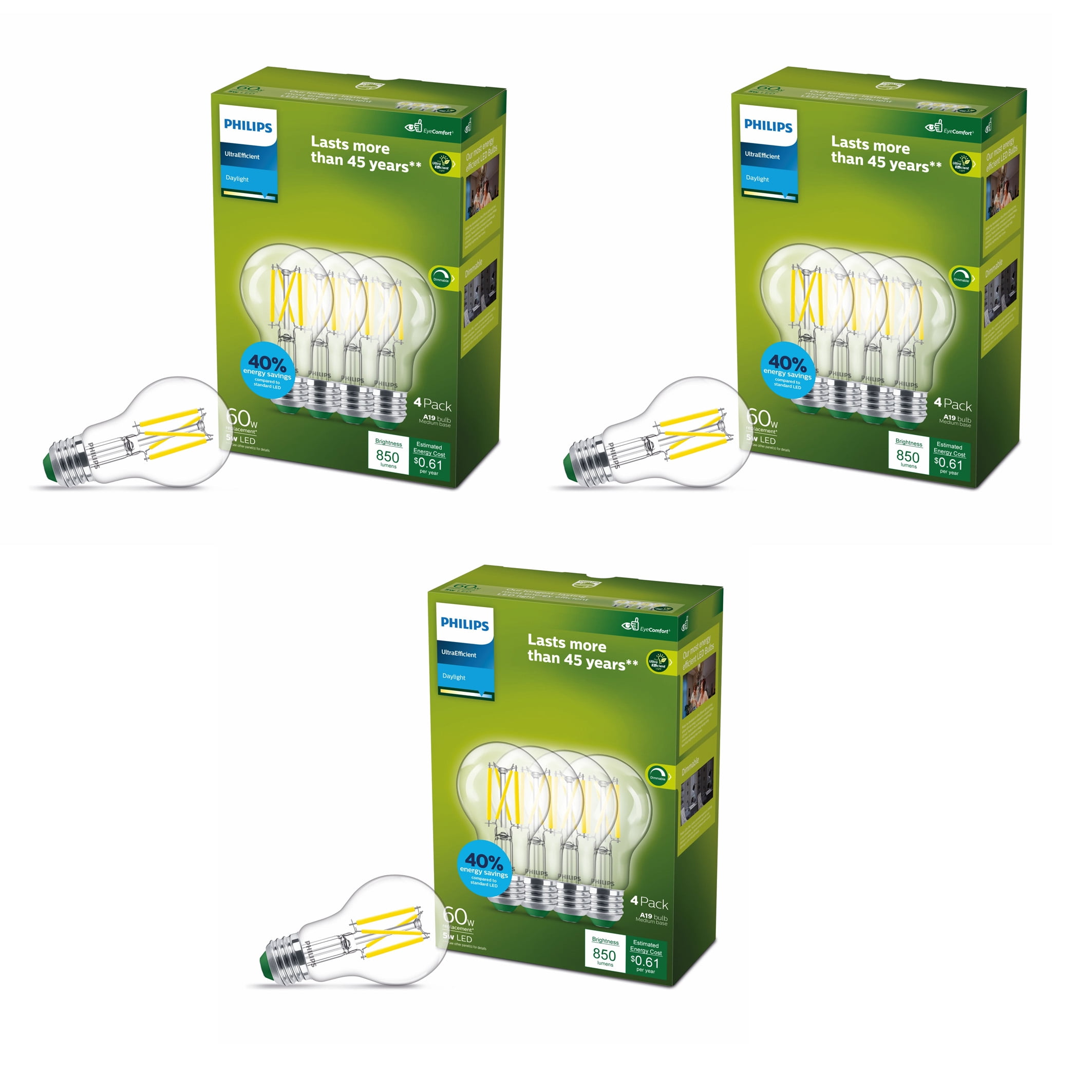 Philips Ultra Efficient LED 60-Watt A19 Light Bulb, Daylight, Clear ...