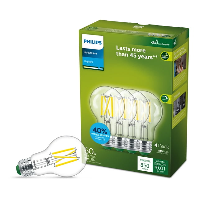Philips Ultra Efficient LED 60-Watt A19 Light Bulb, Daylight, Clear ...