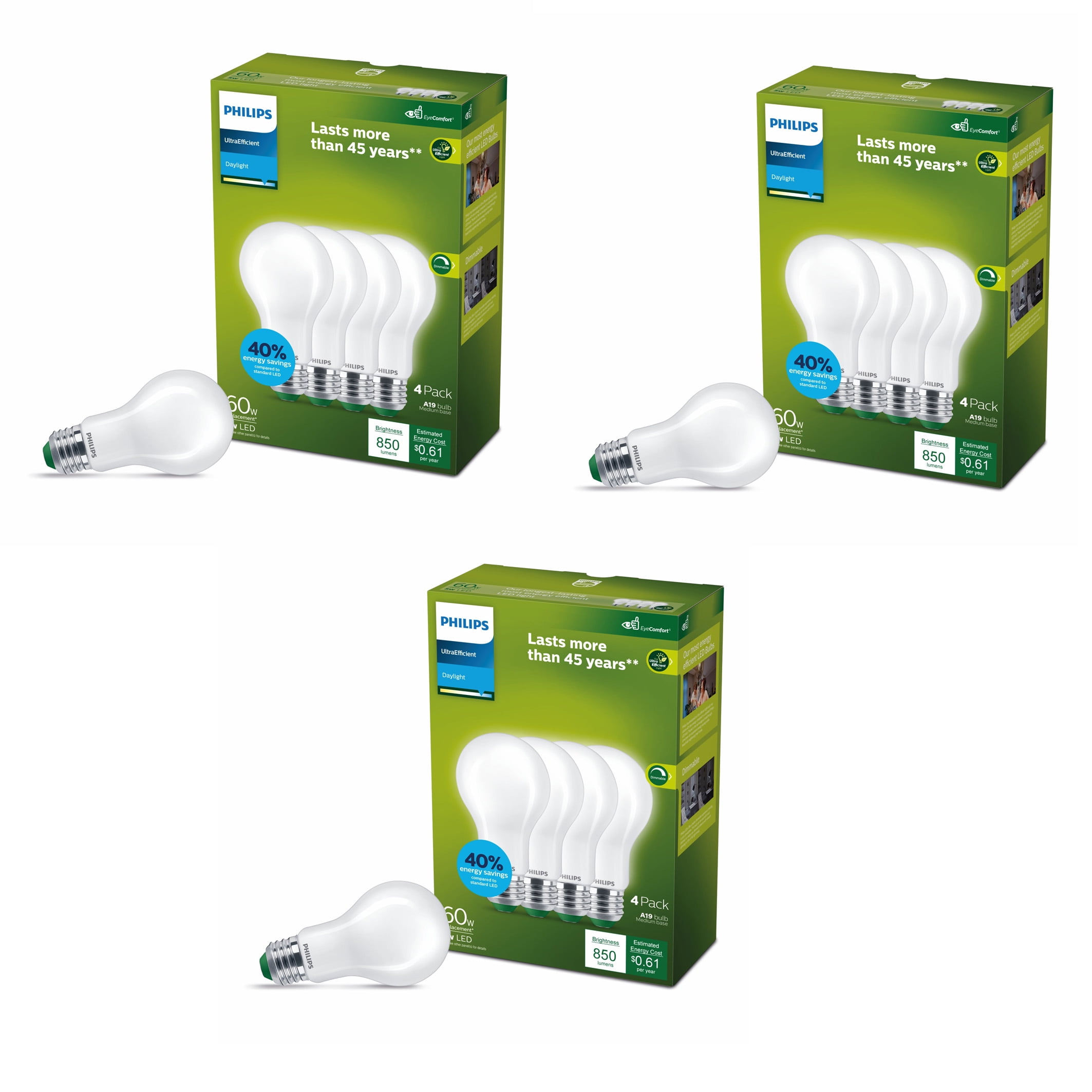 Philips Ultra Efficient LED 60-Watt A19 Light Bulb, Daylight, Frosted ...
