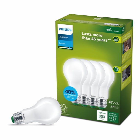 Philips Ultra Efficient LED 60-Watt A19 Light Bulb, Daylight, Frosted ...