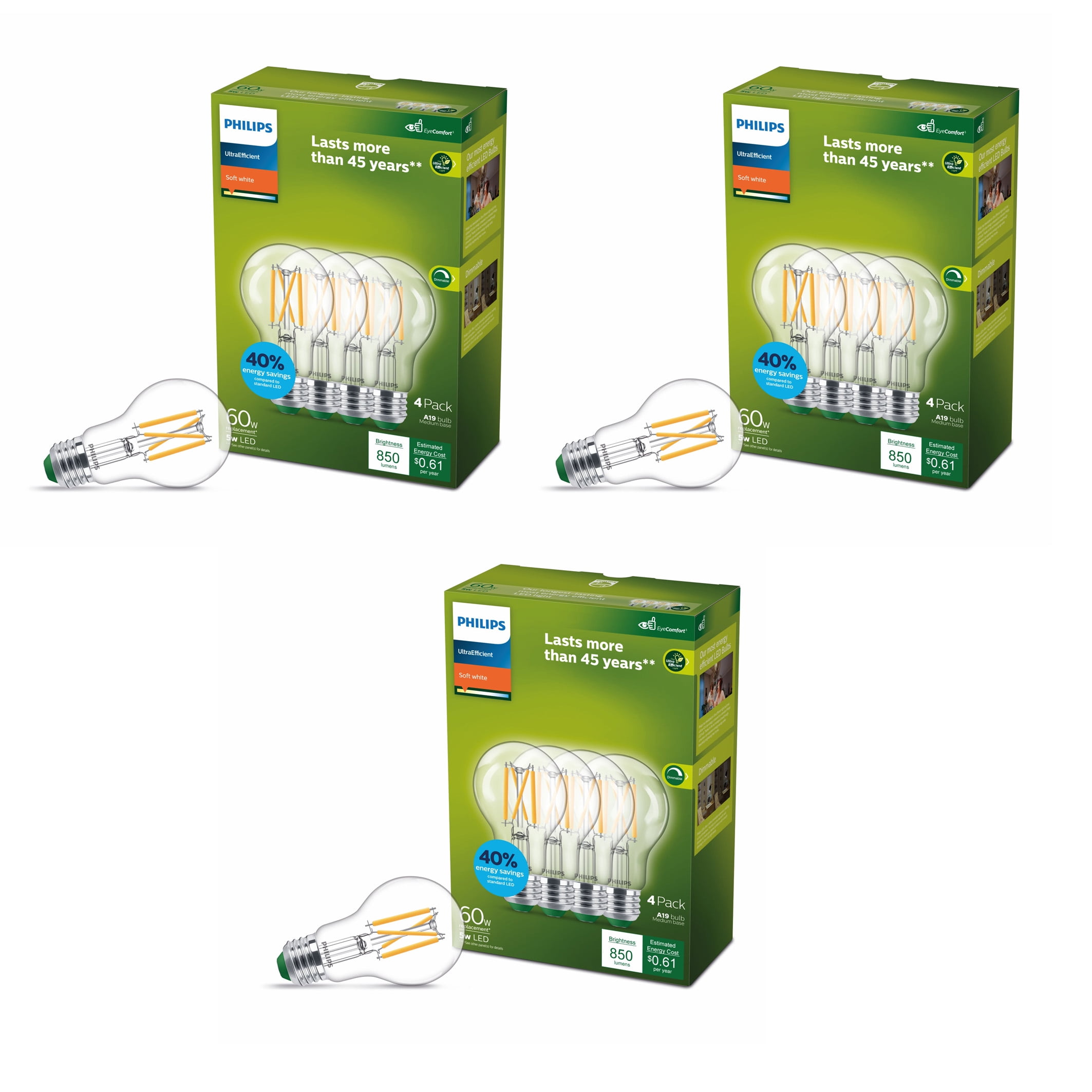 Philips Ultra Efficient LED 60-Watt A19 Light Bulb, Soft White ...