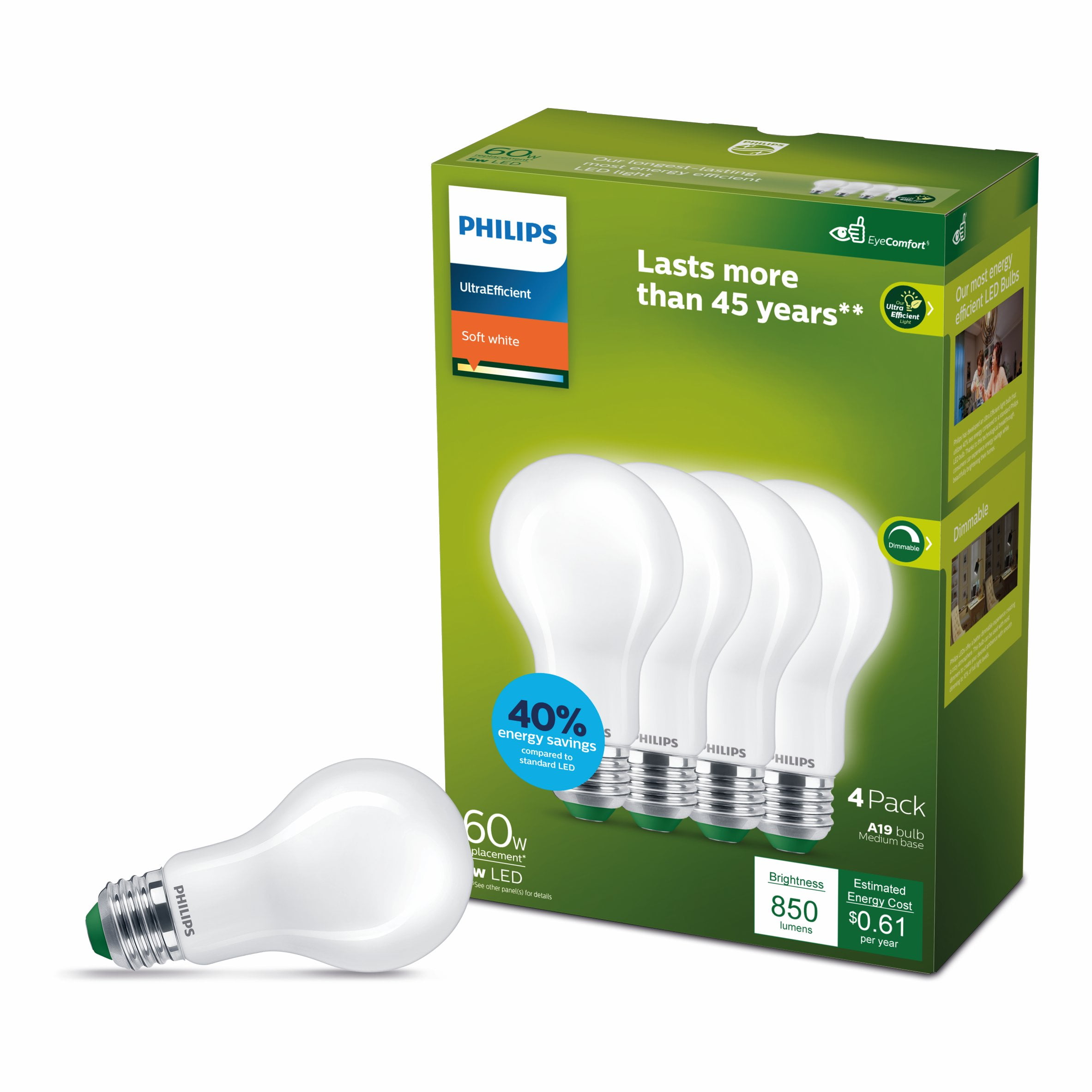 Philips Ultra Efficient LED 60-Watt A19 Light Bulb, Soft White, Frosted ...