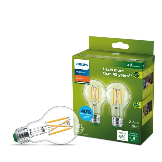 Philips Ultra Efficient LED 60-Watt A19 Light Bulb, Soft White, Clear ...