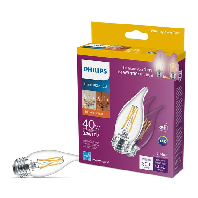 Philips Vintage LED 40 Watts BA11 Filament Candle Bent Tip Light Bulb ...