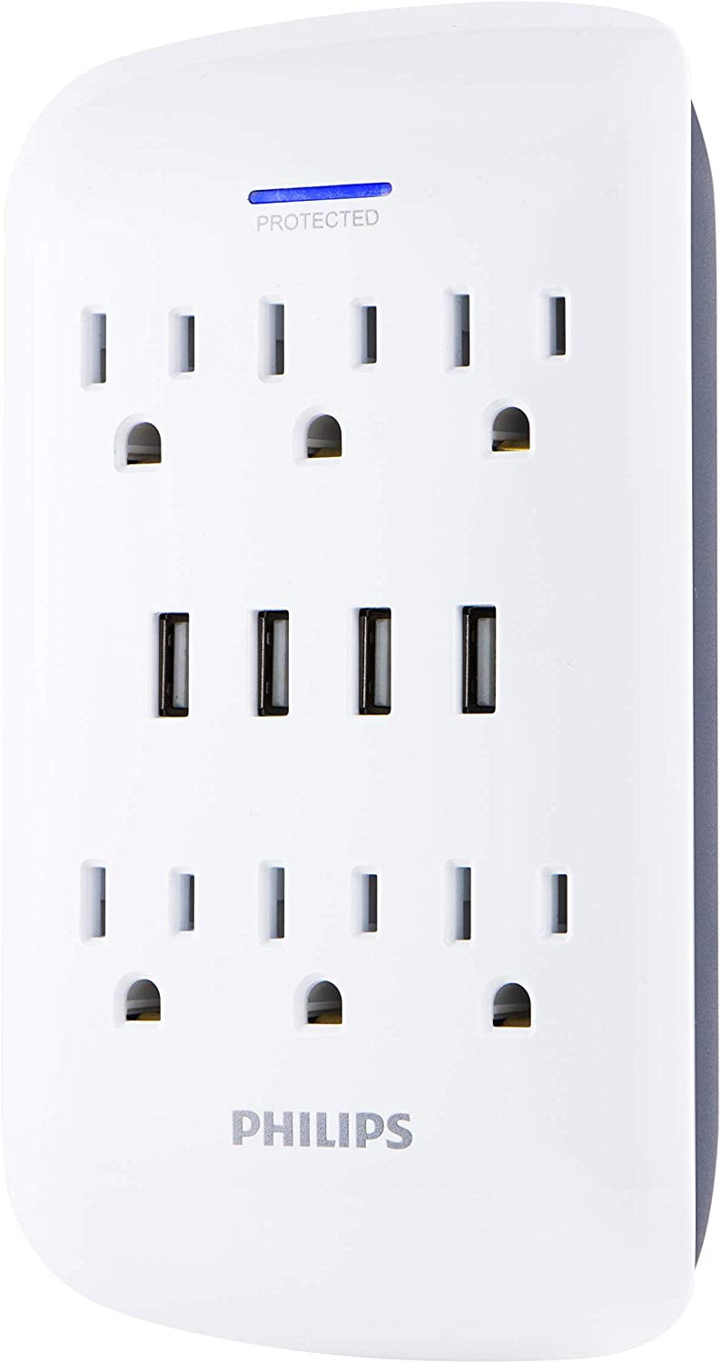 Philips Wall Tap, 6 Wall Outlets, 4 USB Plugs, Built-in Surge Protector ...