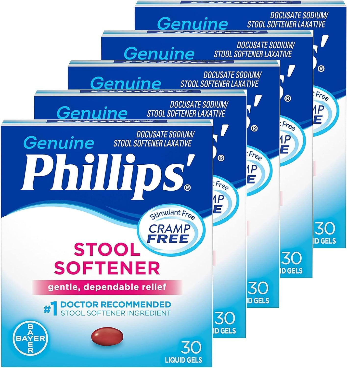Phillips Stool Softener Liquid Gels Pack of 5, 30 Count, Gentle Relief ...