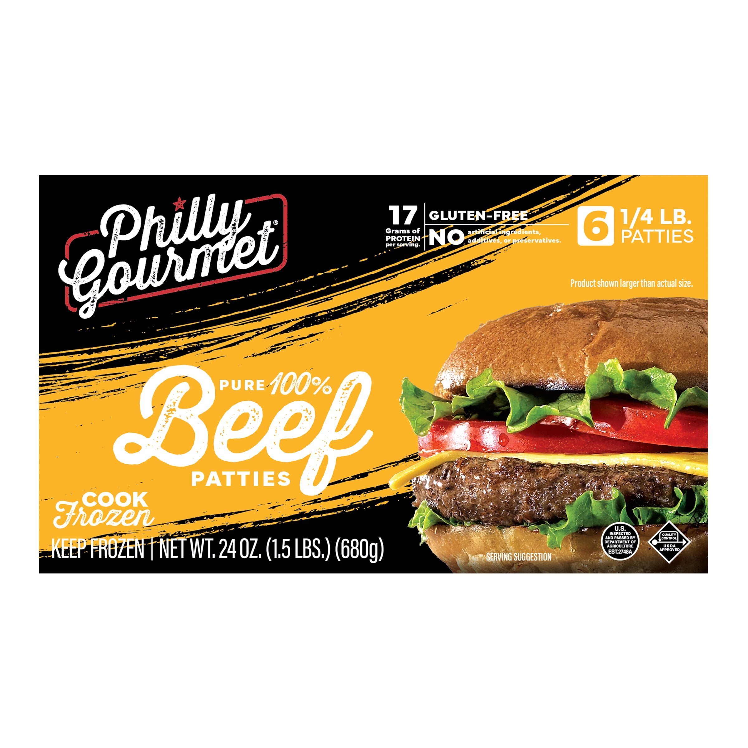 Philly Gourmet 100% Pure Beef Patties, Frozen, 6 Count, 1.5 lbs ...