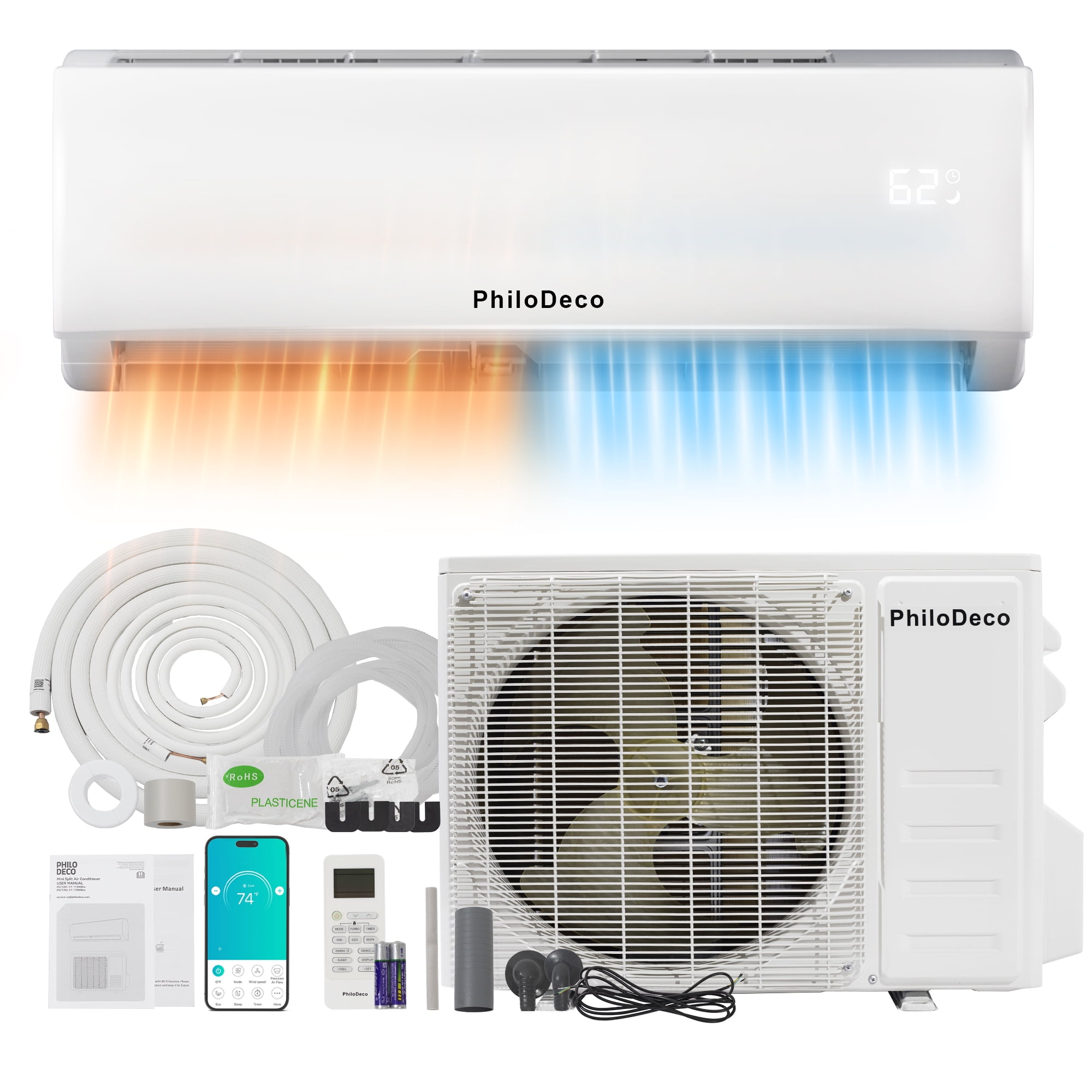 PhiloDeco 17000 BTU Mini Split Air Conditioner & Heater, Wifi Enabled ...