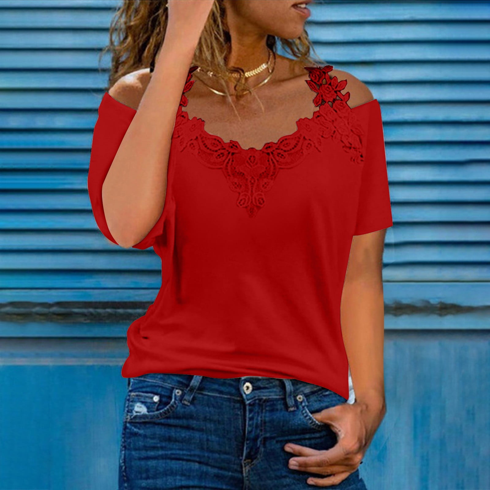Phina Sexy Lace Cold Shoulder Tops For Women Summer Dressy Casual T