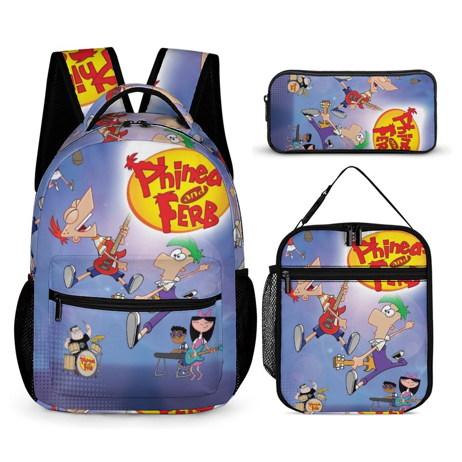 Phineas And Ferb 3PCS Casual Backpack Set Bookbag + Pencil Case + Lunch ...