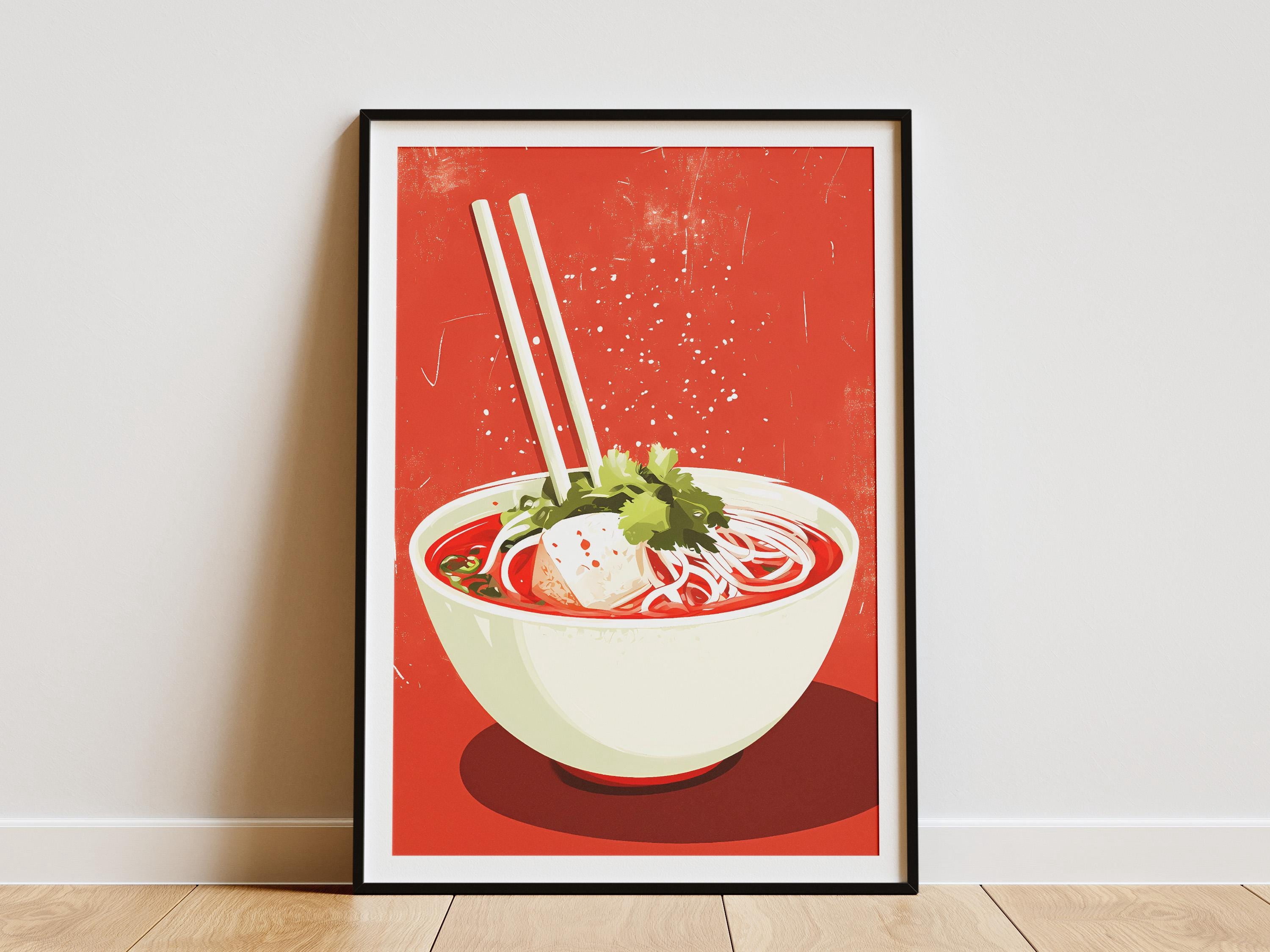 Pho Bowl Poster Vietnamese Food Print Asian Cuisine Wall Art Red and ...