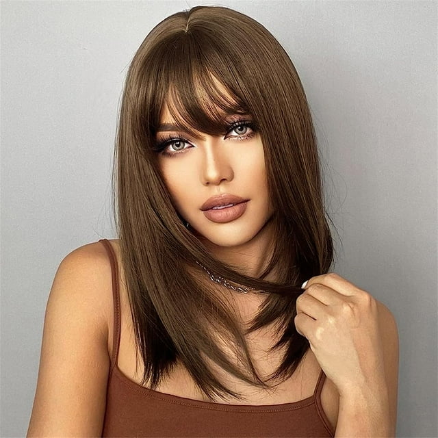 Phocas 14inch Short Brown Wig with Bangs Straight Bob Wigs for Women ...